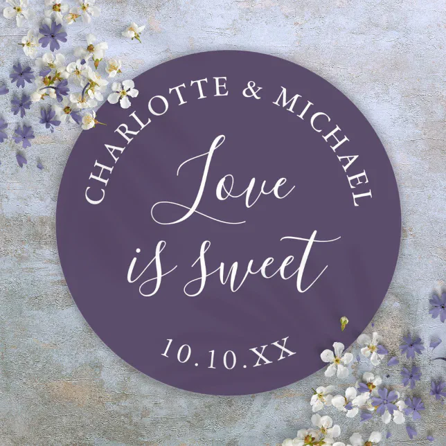 Purple Love Is Sweet Wedding Favor Classic Round Sticker | Zazzle