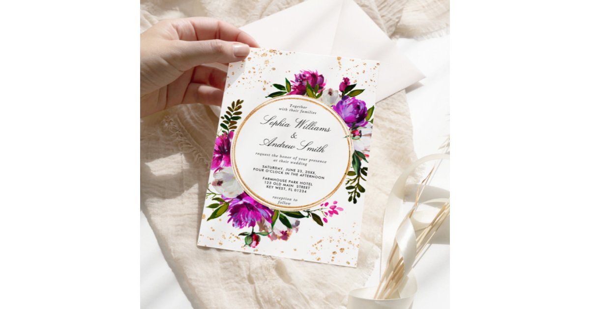 Purple Lush Flowers Wreath Wedding Invitation | Zazzle