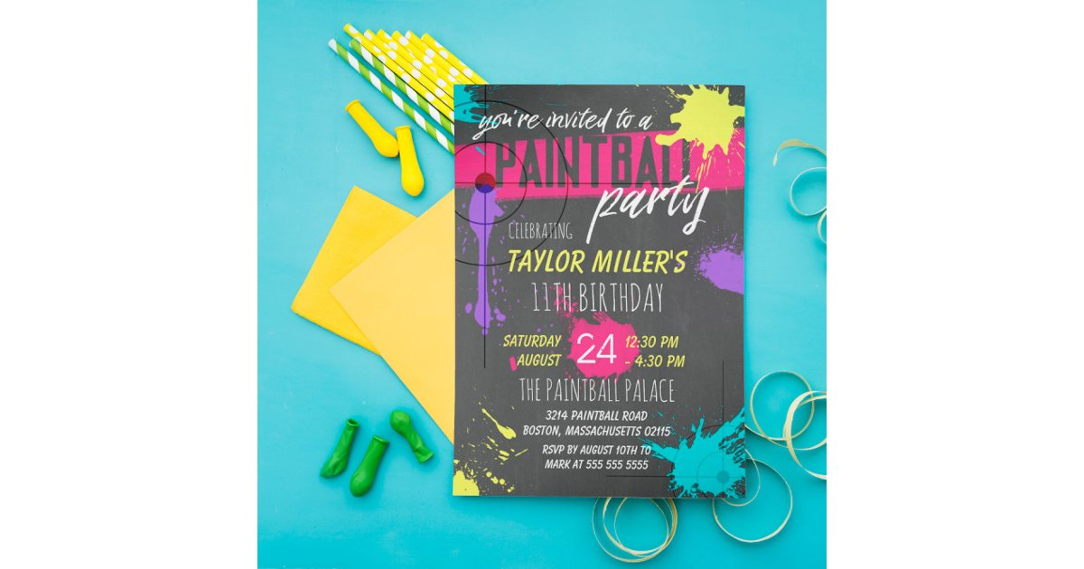 Purple & Magenta Paint Splash Paintball Party Invitation | Zazzle