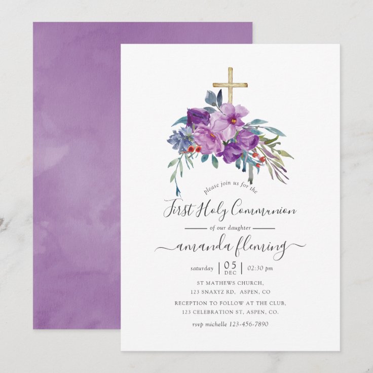 Purple Magnolias & Roses Watercolor Holy Communion Invitation | Zazzle