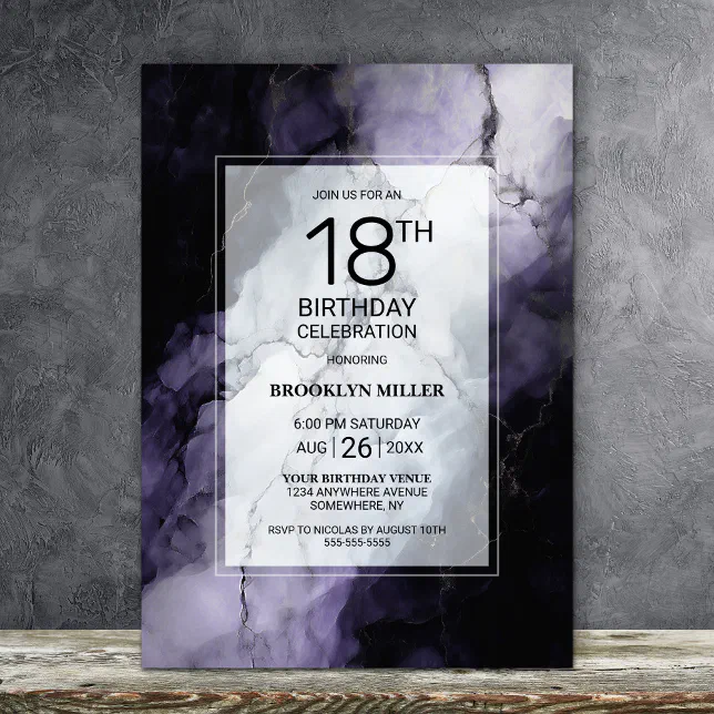 Purple Marble 18th Birthday Party Invitation | Zazzle