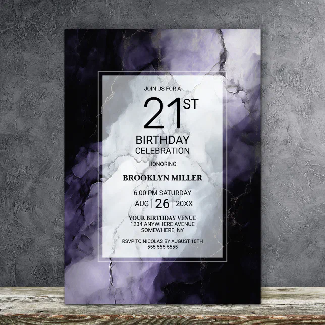 Purple Marble 21st Birthday Party Invitation | Zazzle