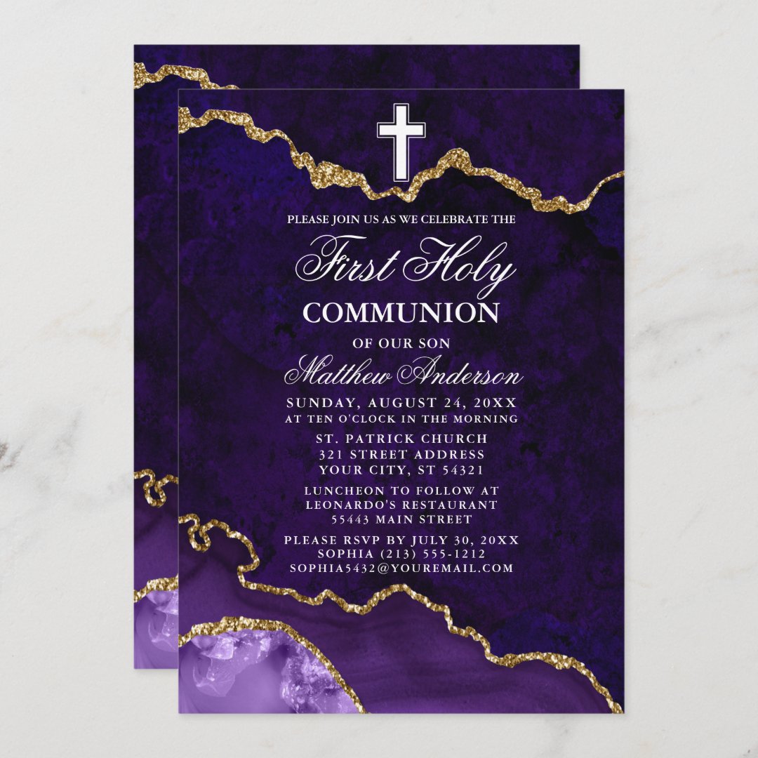Purple Marble Agate Geode First Holy Communion Invitation | Zazzle