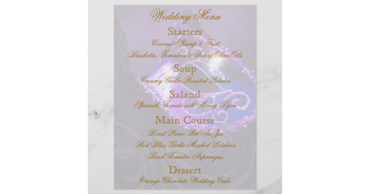 Purple Masquerade Ball Wedding Menu Flyer | Zazzle