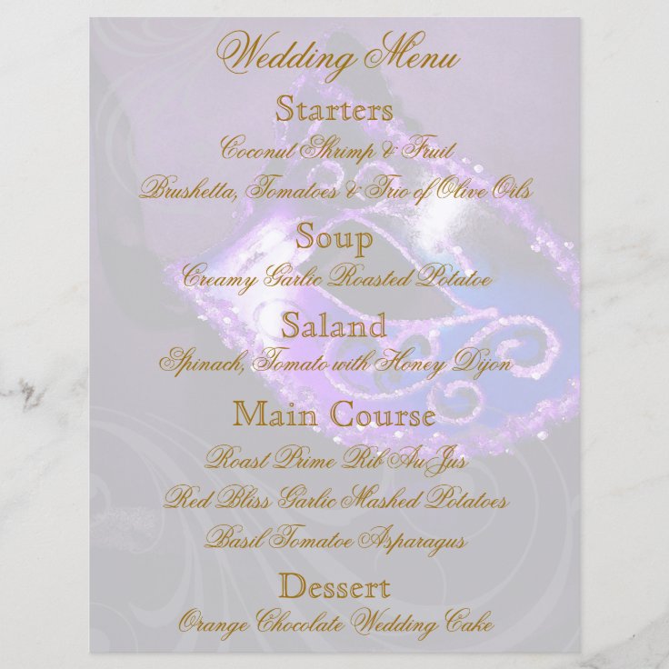 Purple Masquerade Ball Wedding Menu Flyer | Zazzle