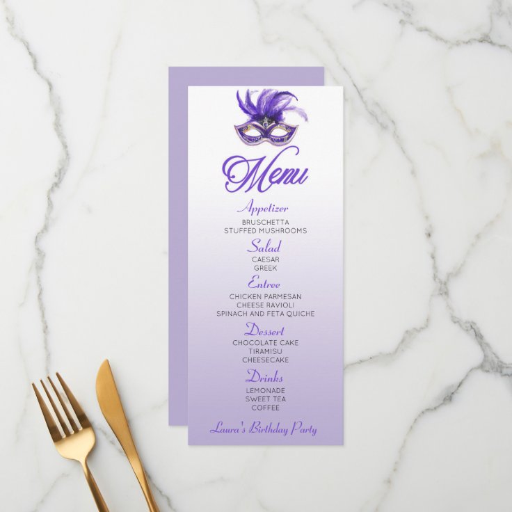 Purple Masquerade Birthday Party Flat Menu | Zazzle