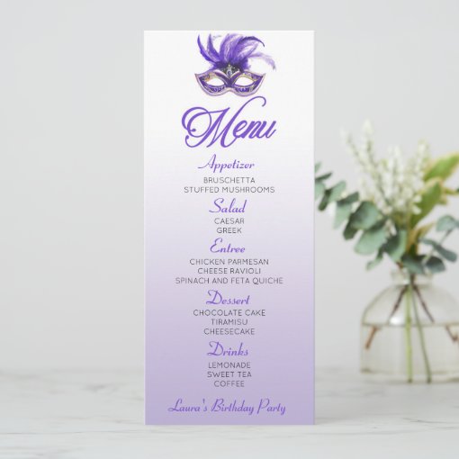 Purple Masquerade Birthday Party Flat Menu | Zazzle