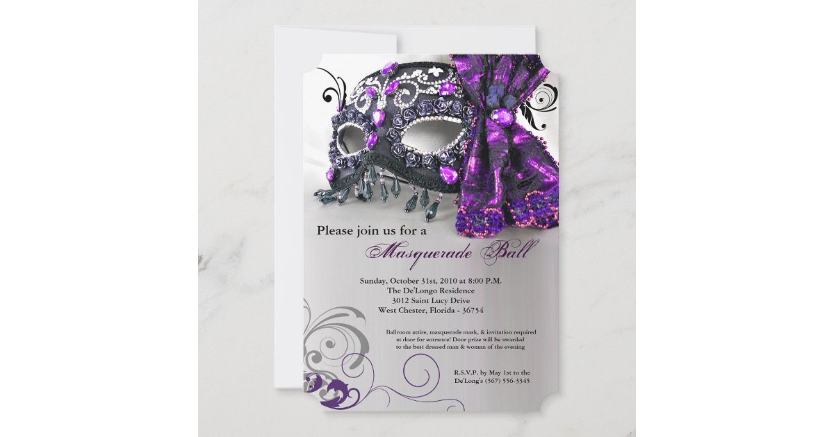 Purple Masquerade Mask Ball Costume Halloween Invitation | Zazzle