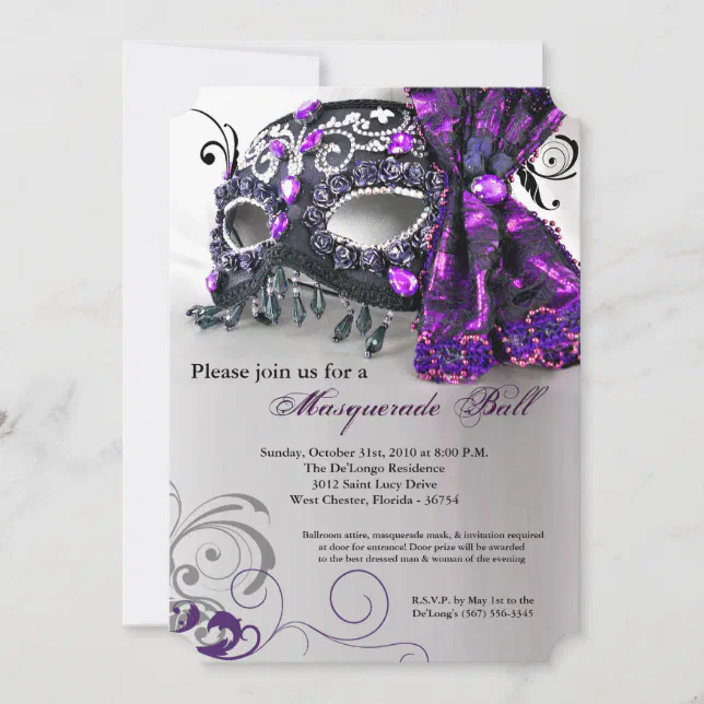 Purple Masquerade Mask Ball Costume Halloween Invitation | Zazzle