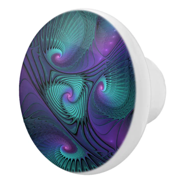Purple meets Turquoise modern abstract Fractal Art Ceramic Knob | Zazzle