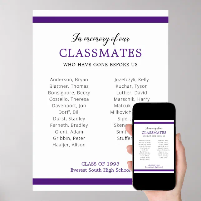 Purple Memory Of Our Classmates Reunion Memorial Poster | Zazzle