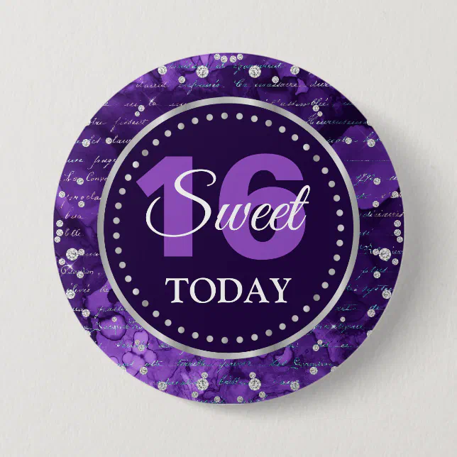 Purple Mermaid Letters Pattern & Glitter Sweet 16 Button | Zazzle