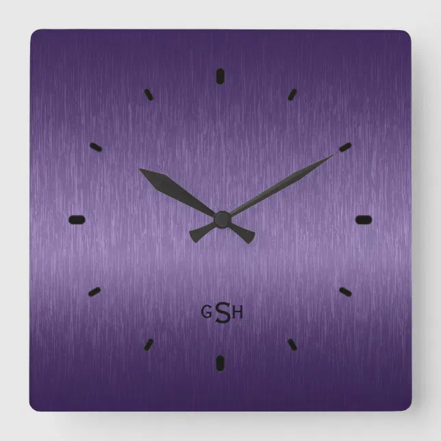 Purple Metallic Design Brushed Steel Look Square Wall Clock | Zazzle