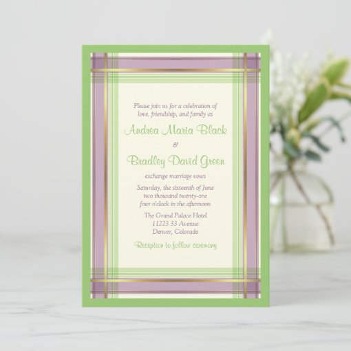 Purple Mint Green Plaid Wedding Invitation | Zazzle