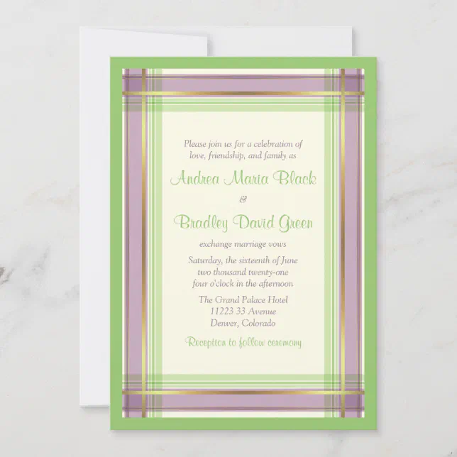Purple Mint Green Plaid Wedding Invitation | Zazzle