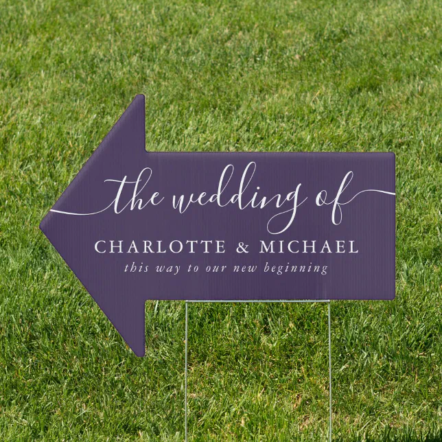Purple Modern Script Wedding This Way Arrow Sign | Zazzle