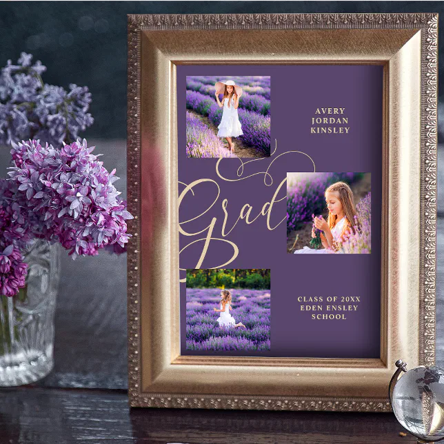 Purple Modern Typography Grad Three Photos Poster | Zazzle
