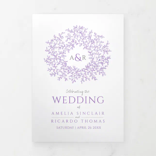 Purple monogram art photo wedding Tri-Fold program | Zazzle