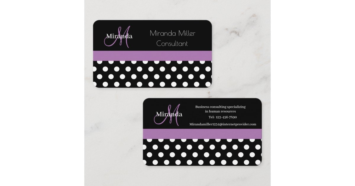 Purple Monogram Black White Polka Dot Business Card | Zazzle