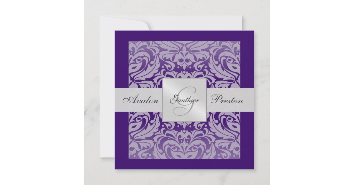 Purple Monogram Damask Border Invitation | Zazzle