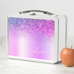 Purple Monogram Glitter Sparkle Girly Script Metal Lunch Box | Zazzle