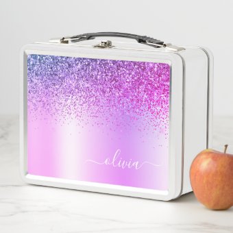 Purple Monogram Glitter Sparkle Girly Script Metal Lunch Box | Zazzle