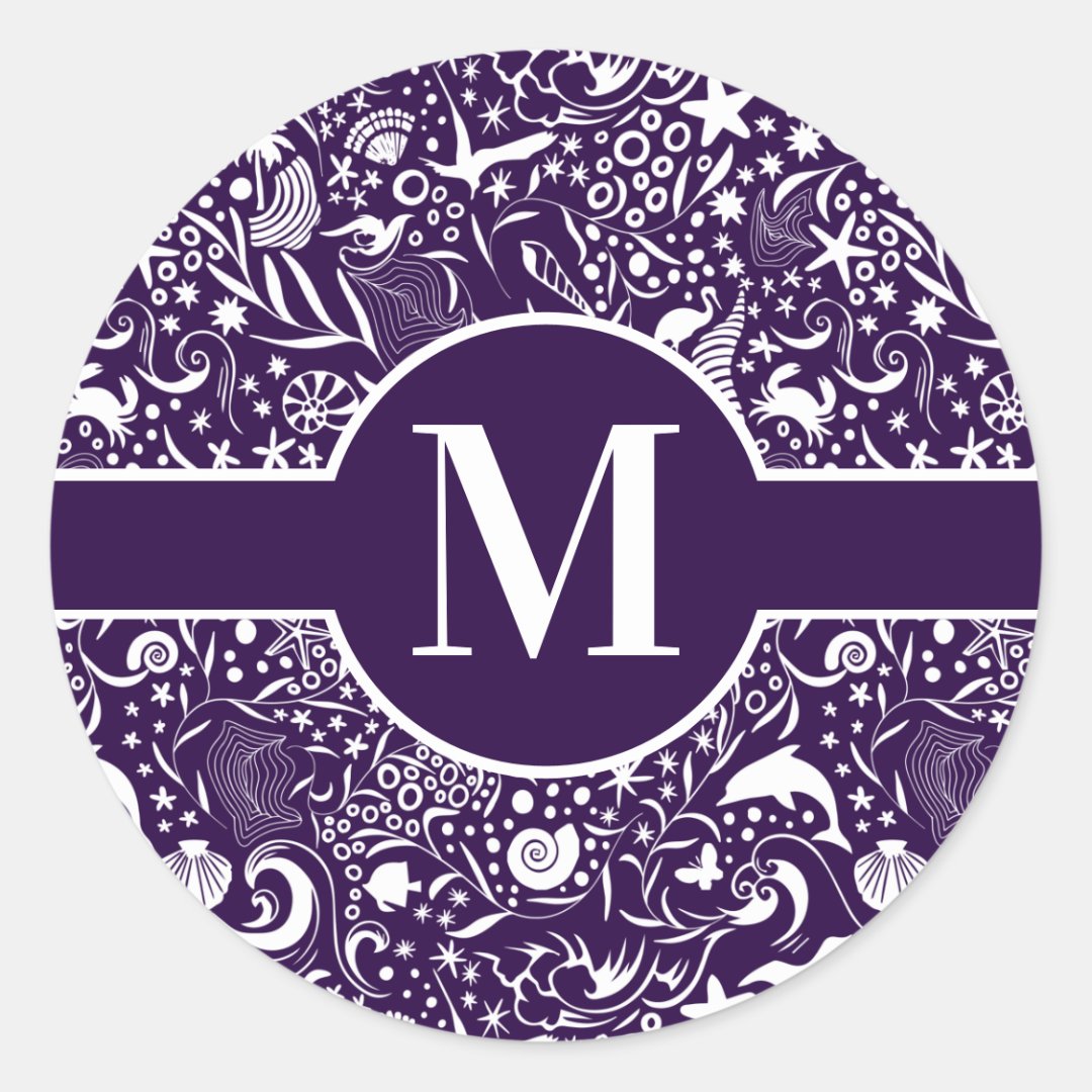 Purple Monogram Initial Ocean Pattern Classic Round Sticker | Zazzle