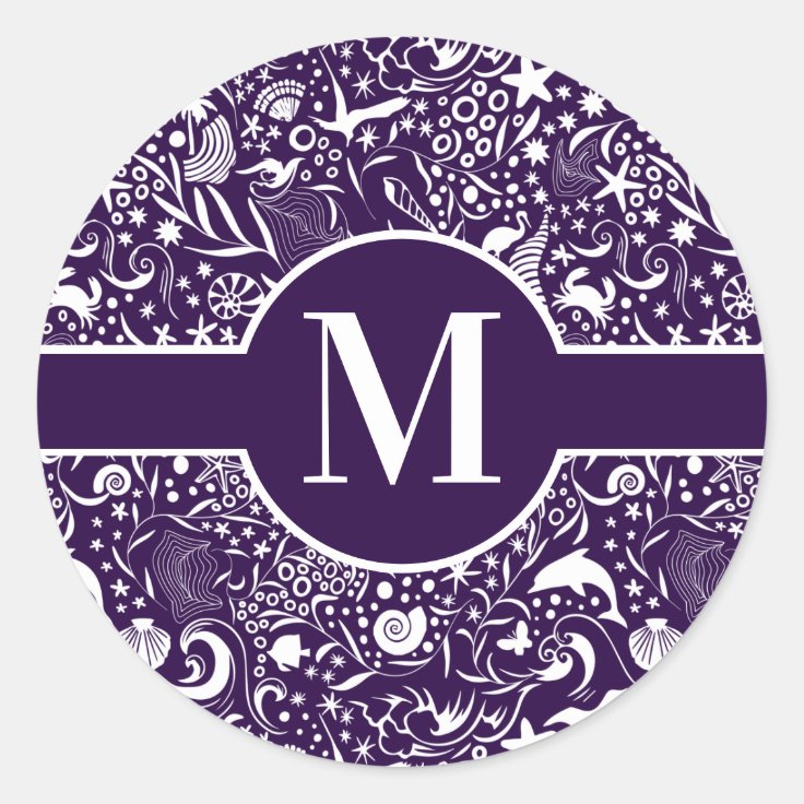 Purple Monogram Initial Ocean Pattern Classic Round Sticker | Zazzle