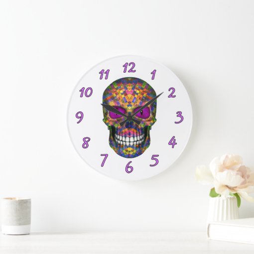 Purple Mosaic Sugar Skull Zombie Wall Clock | Zazzle