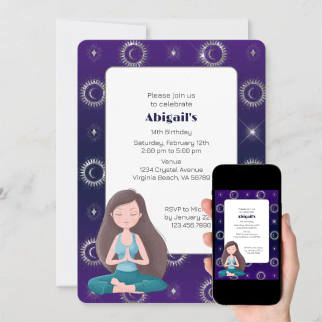 Purple Mystical Sun and Moon Meditation Birthday Invitation | Zazzle