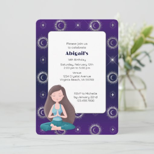 Purple Mystical Sun and Moon Meditation Birthday Invitation | Zazzle