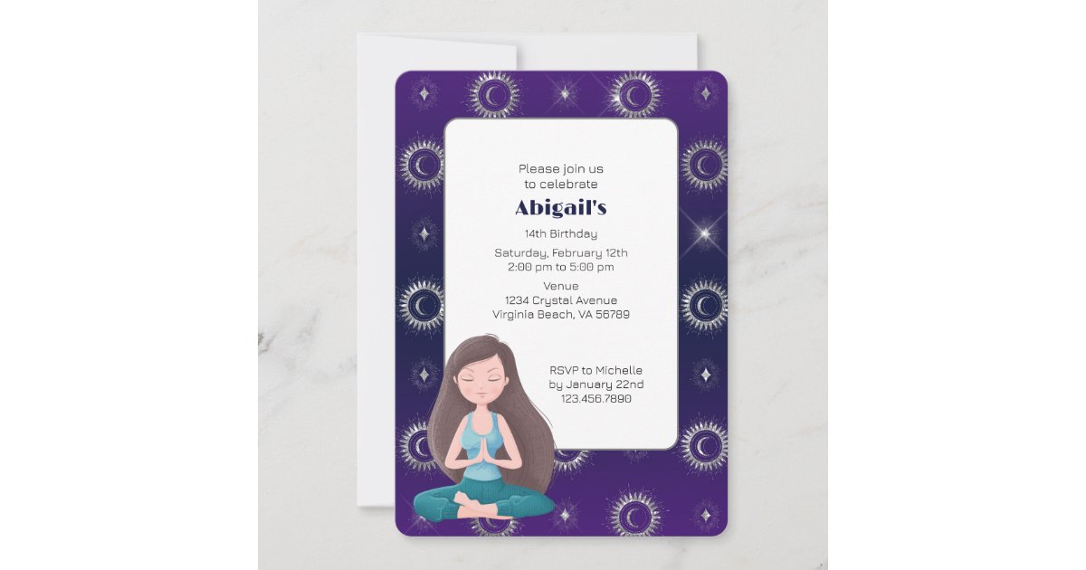 Purple Mystical Sun and Moon Meditation Birthday Invitation | Zazzle