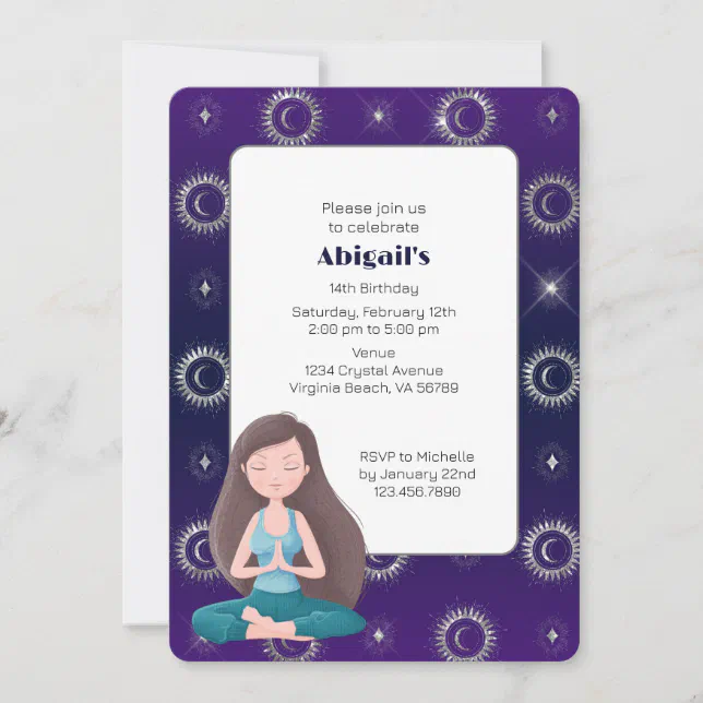 Purple Mystical Sun and Moon Meditation Birthday Invitation | Zazzle