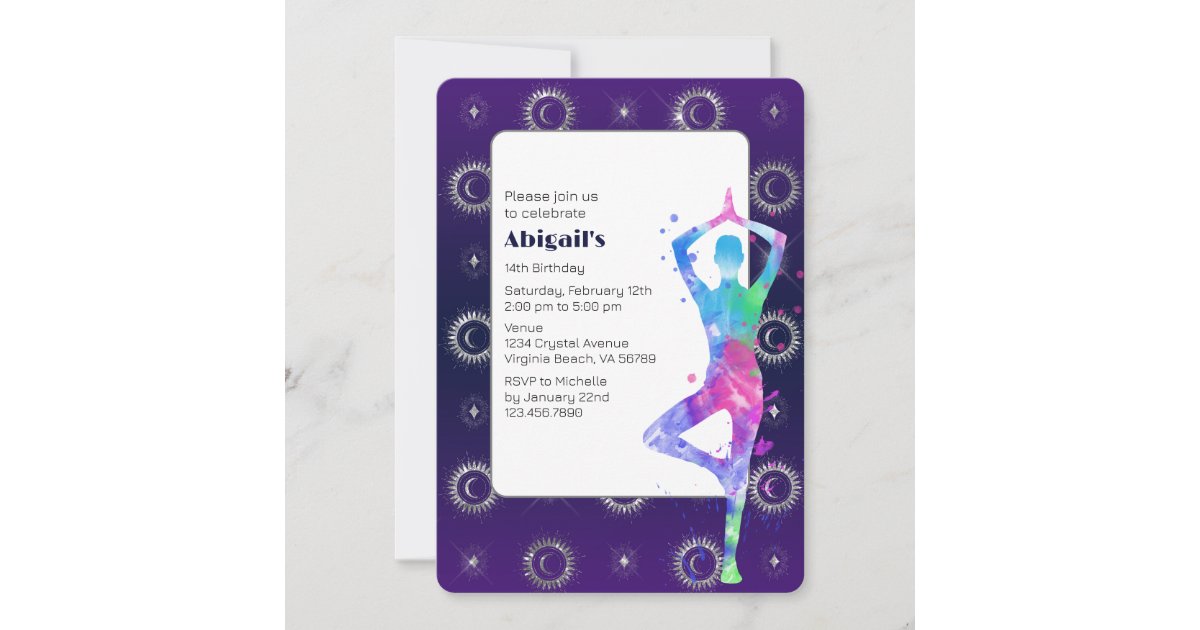 Purple Mystical Sun and Moon Yoga Birthday Invitation | Zazzle
