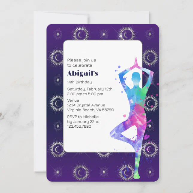 Purple Mystical Sun and Moon Yoga Birthday Invitation | Zazzle