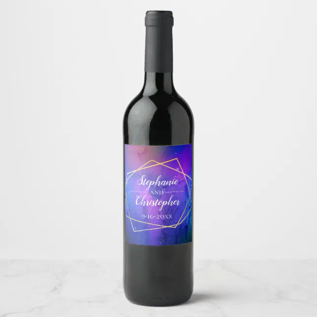 Purple Nebula Celestial Art Geometric Gold Wedding Wine Label | Zazzle
