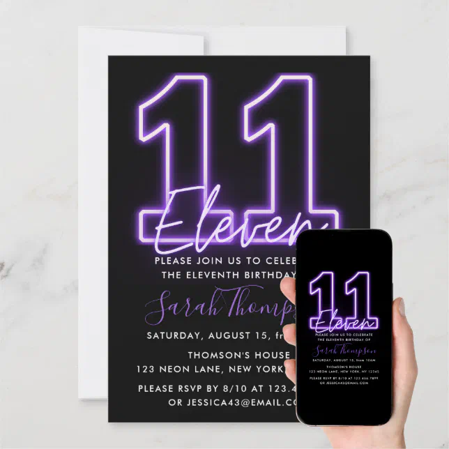 Purple Neon 11th Birthday Invitation | Zazzle