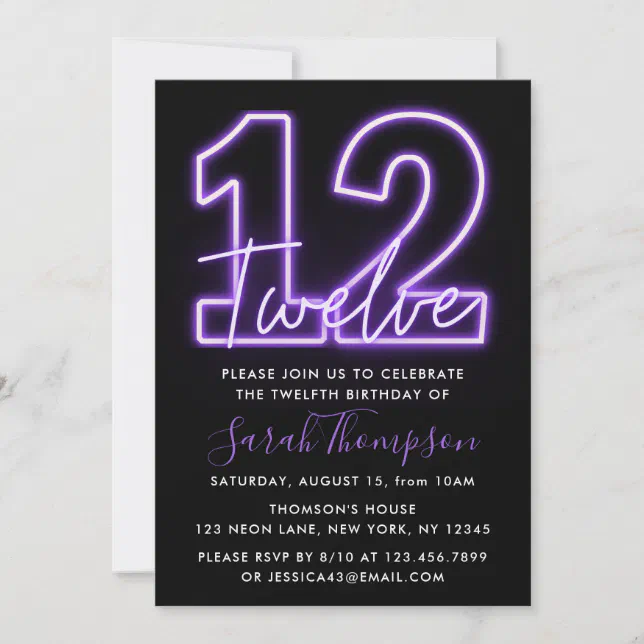 Purple Neon 12th Birthday Invitation | Zazzle
