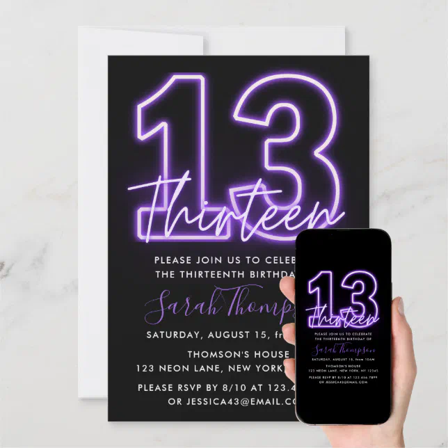 Purple Neon 13th Birthday Invitation | Zazzle
