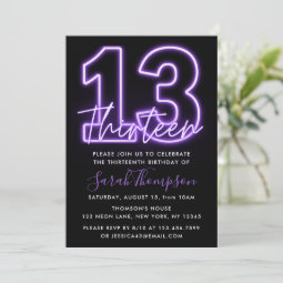 Purple Neon 13th Birthday Invitation | Zazzle