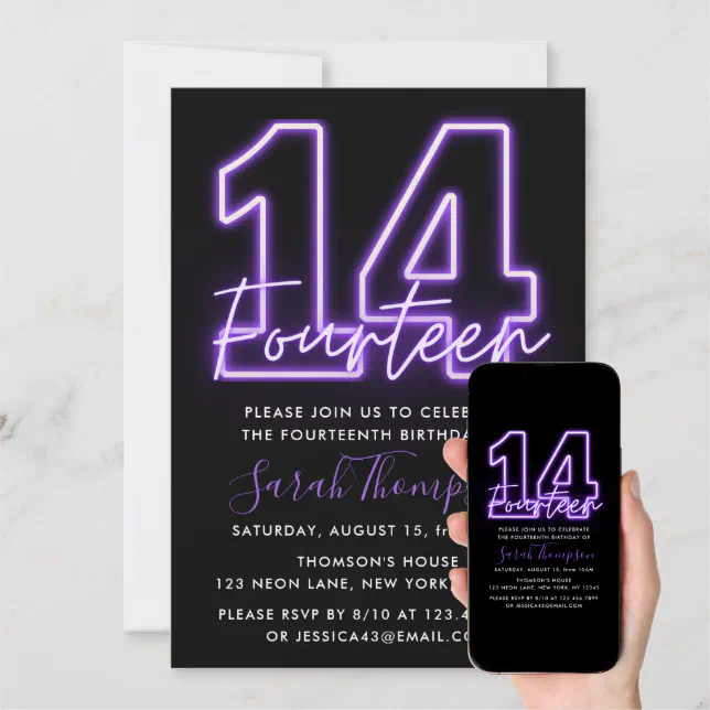 Purple Neon 14th Birthday Invitation | Zazzle