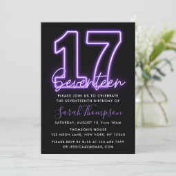 Purple Neon 17th Birthday Invitation | Zazzle