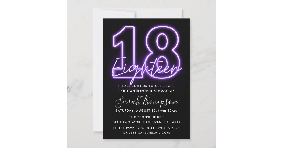 Purple Neon 18th Birthday Invitation | Zazzle