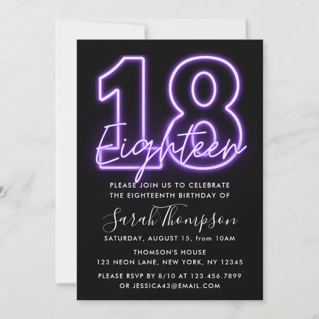 Purple Neon 18th Birthday Invitation | Zazzle