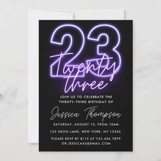 Purple Neon 23rd Birthday Invitation | Zazzle