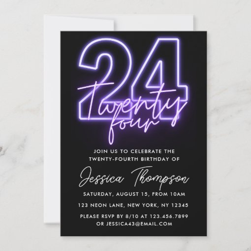 Purple Neon 24th Birthday Invitation | Zazzle