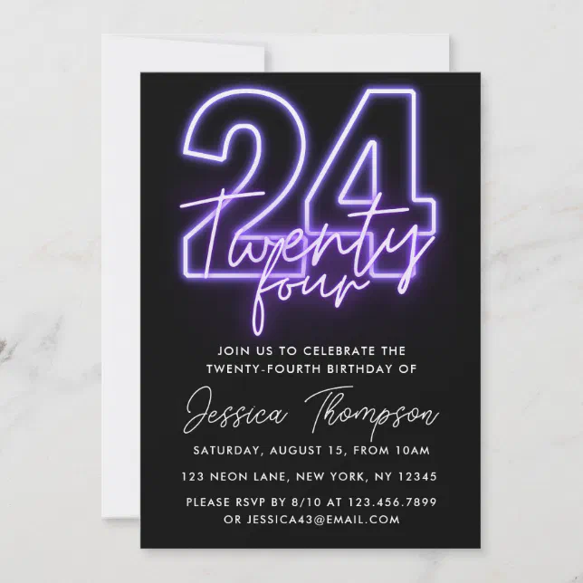 Purple Neon 24th Birthday Invitation | Zazzle