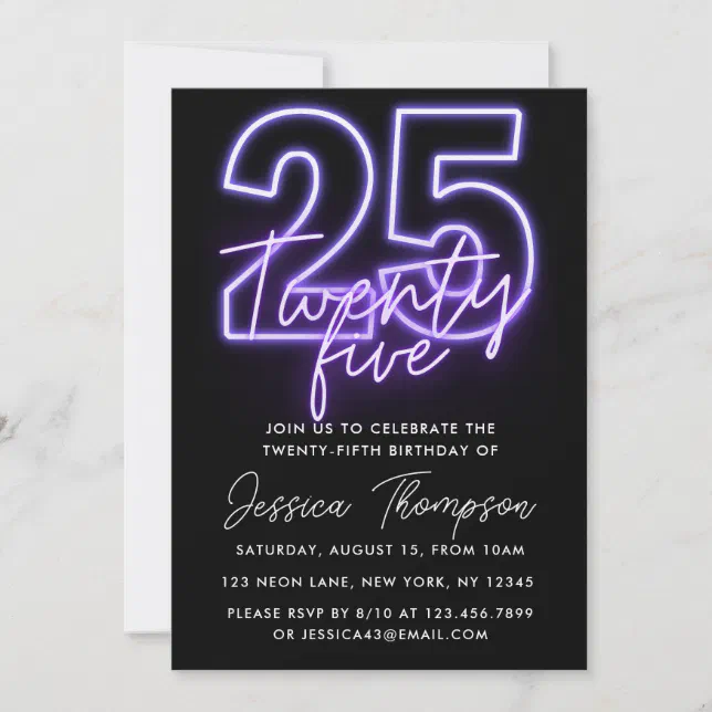 Purple Neon 25th Birthday Invitation | Zazzle