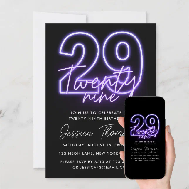 Purple Neon 29th Birthday Invitation | Zazzle