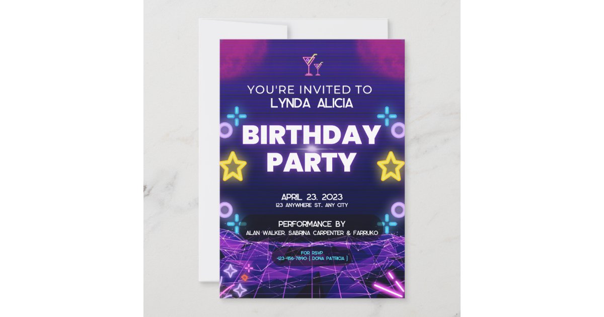 Purple Neon Birthday Party Invitation | Zazzle